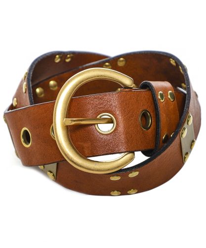Nanni Brown Leather Studded Bar Belt | Jules B