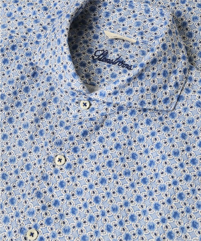 Stenstroms Blue Slimline Linen Geometric Short Sleeve Shirt | Jules B