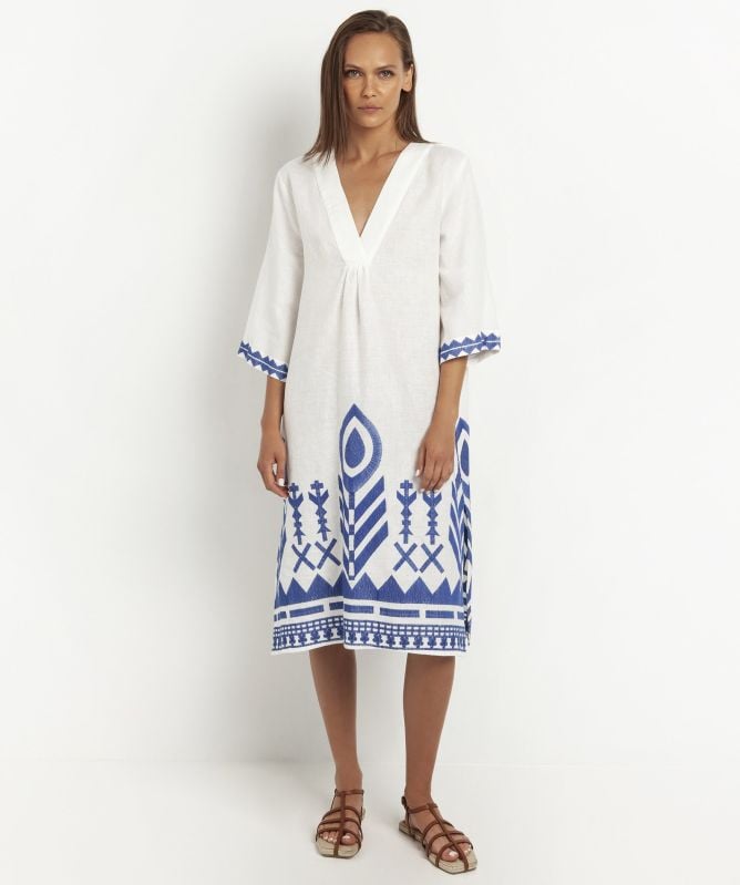 Greek Archaic Kori Linen Feather Midi Dress | Jules B