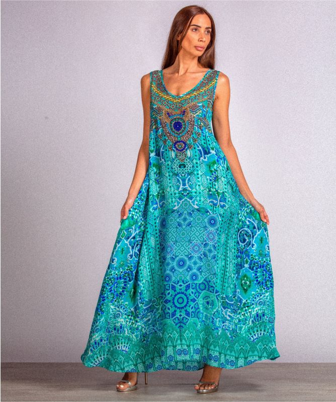 Inoa Blue Silk Atlantis Sleeveless Maxi Dress | Jules B