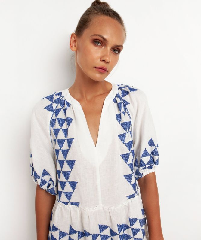 Greek Archaic Kori Linen Arrow Embroidered Mini Dress | Jules B