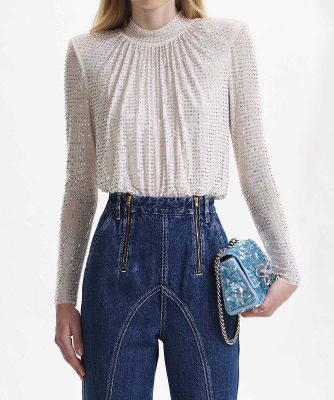 Self-Portrait Cream Rhinestone Mesh Top | Jules B