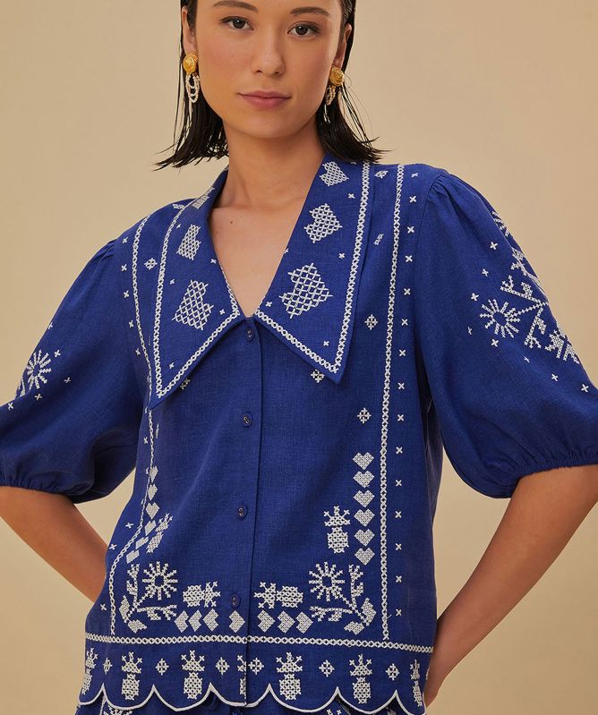 Farm Rio Embroidered Short Sleeve Shirt