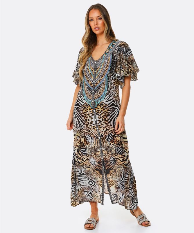 Inoa Brown Savannah Silk Frill Sleeve Maxi Dress | Jules B