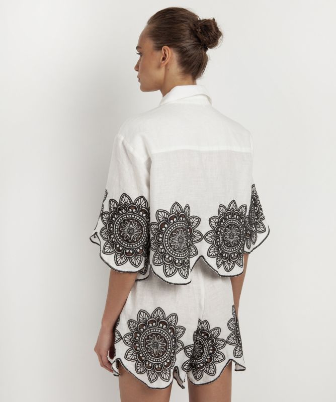 Greek Archaic Kori Linen Embroidered Daisy Shirt | Jules B