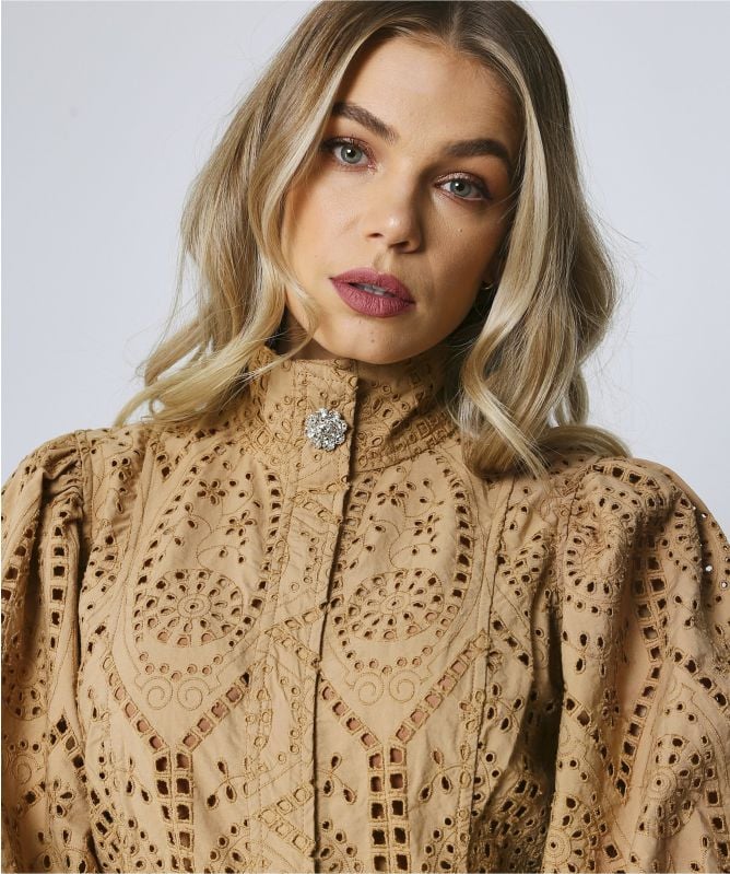 Ganni Beige Broderie Anglaise Puff Sleeve Dress | Jules B