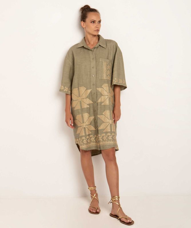 Greek Archaic Kori Linen Embroidered Shirt Dress