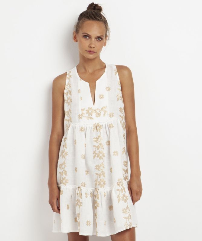 Greek Archaic Kori Linen Daisy Embroidery Mini Dress | Jules B