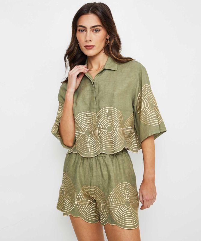 Greek Archaic Kori Circle Cropped Linen Shirt