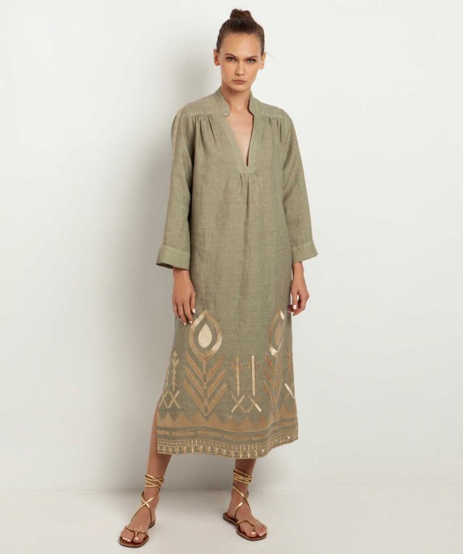 Greek Archaic Kori Linen Feather Midi Dress