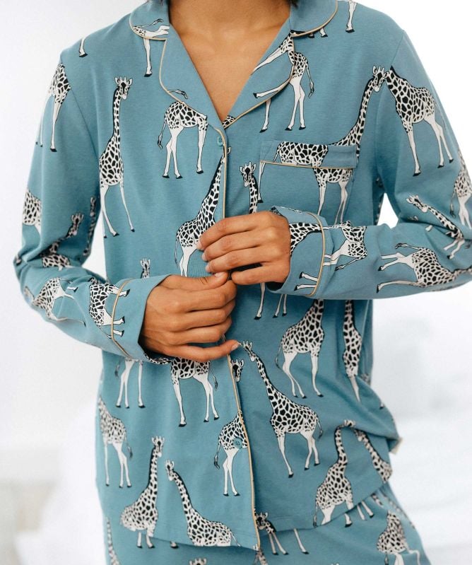 Chelsea Peers Blue Organic Cotton Giraffe Print Long Pyjama Set