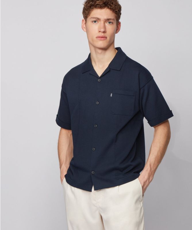 BOSS Navy Relaxed Fit Knitted Cotton Avino Shirt | Jules B