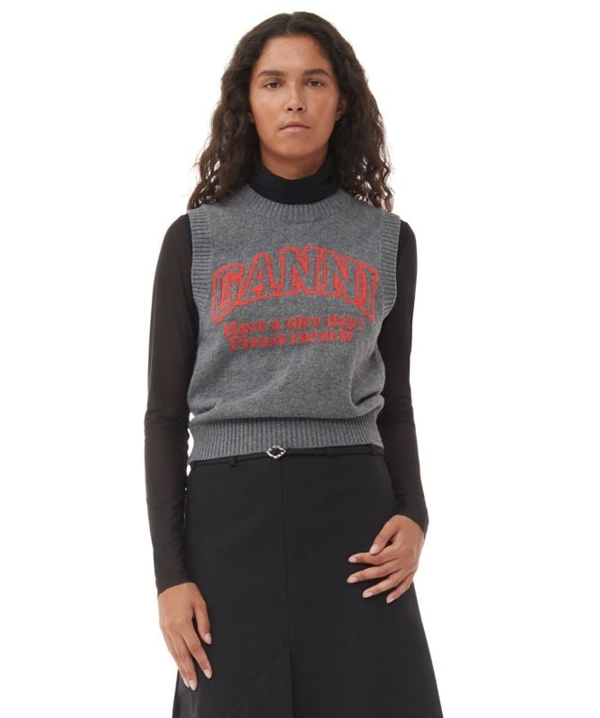 GANNI Grey Wool Mix Graphic Vest | Jules B
