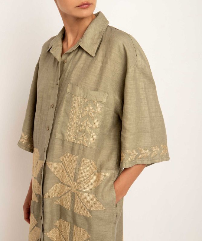 Greek Archaic Kori Linen Embroidered Shirt Dress