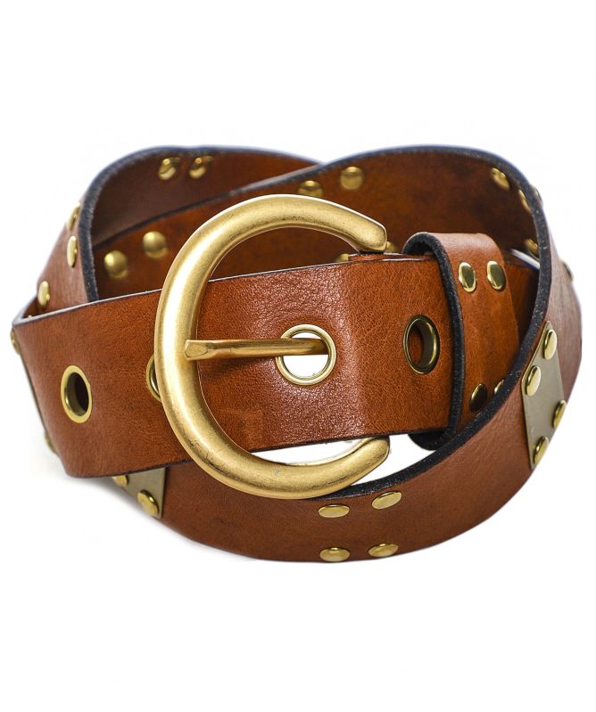 Nanni Brown Leather Studded Bar Belt | Jules B