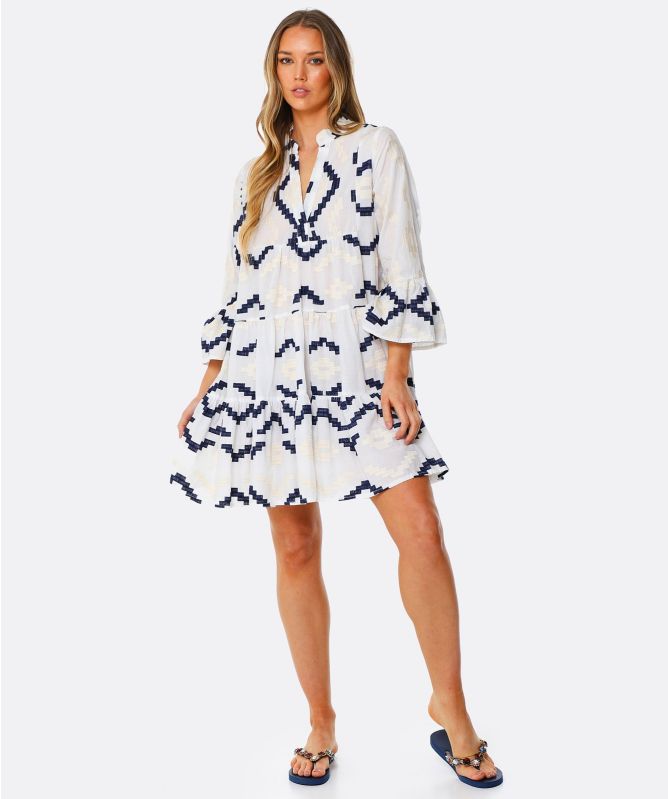 Kori Rhombus Embroidered Linen Swing Dress | Jules B
