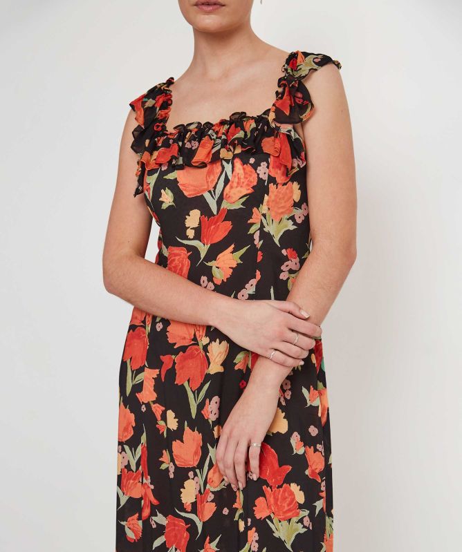 RIXO June Floral Ruffle Midi Dress | Jules B