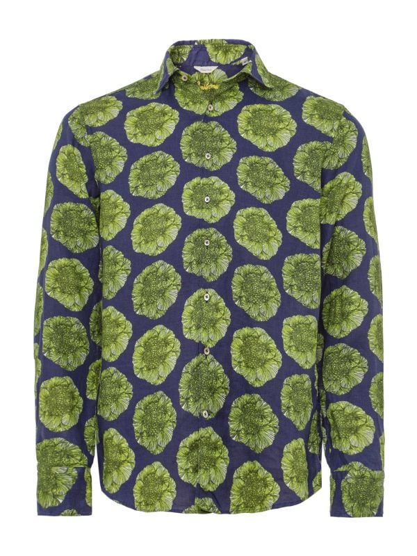 Stenstroms Navy Fitted Body Linen Cabbage Shirt