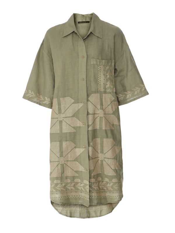 Greek Archaic Kori Linen Embroidered Shirt Dress