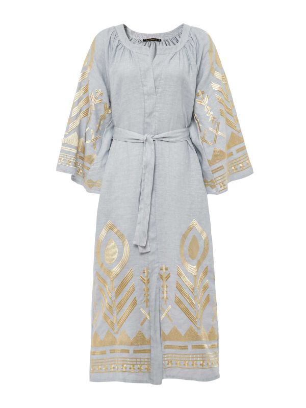 Greek Archaic Kori Linen Belted Feather Dress